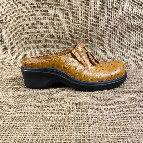 Ariat | Shoes | Ariat Mules Brown Ostrich Leather Slip On Tassel Clogs ...